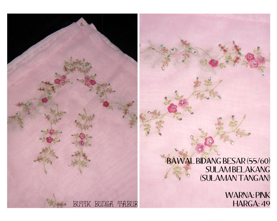 BUTIK BUNGA TABUR: TUDUNG BAWAL BIDANG BESAR (55/60) SULAM BELAKANG ...