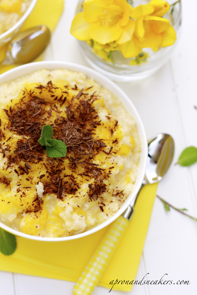 Mango Rice Pudding with Chocolate Flakes