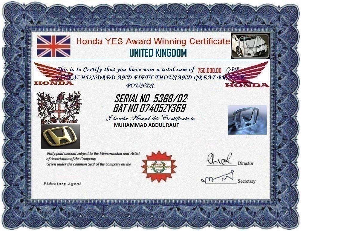 No Spam, Please: Honda Yes Award Winning Certificate -- Keywords ...