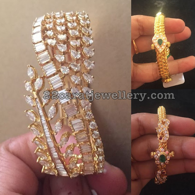 Antique Gold Kada and Broad Diamond Bangle - Jewellery Designs