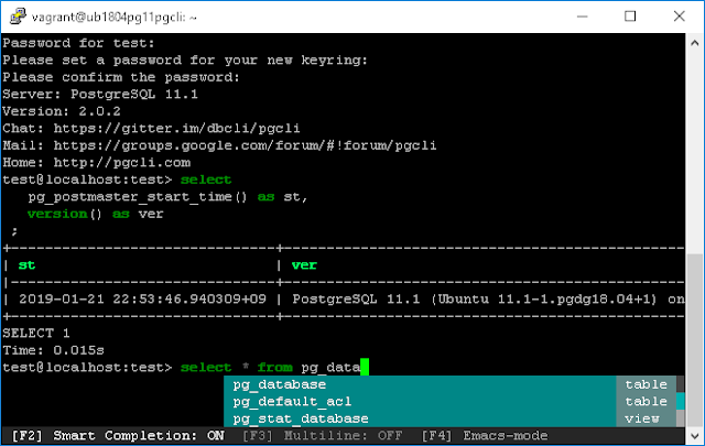 serverあれこれ: VagrantでpgcliとPostgreSQL11がインストールされた仮想マシン(Ubuntu18.04)を構築する