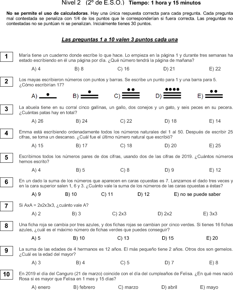 OLIMPIADA MATEMÁTICA CANGURO 2 SECUNDARIA CON RESPUESTAS PDF