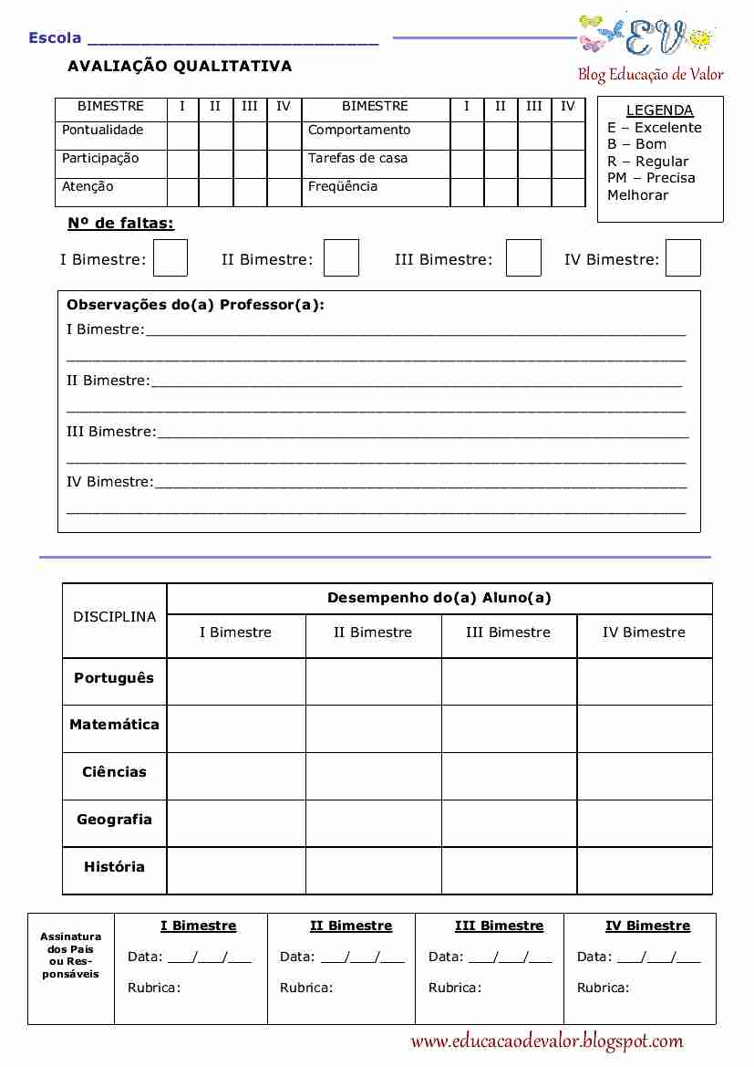 Blog Educação de Valor: Modelo de Boletim - 1º ao 5º ano