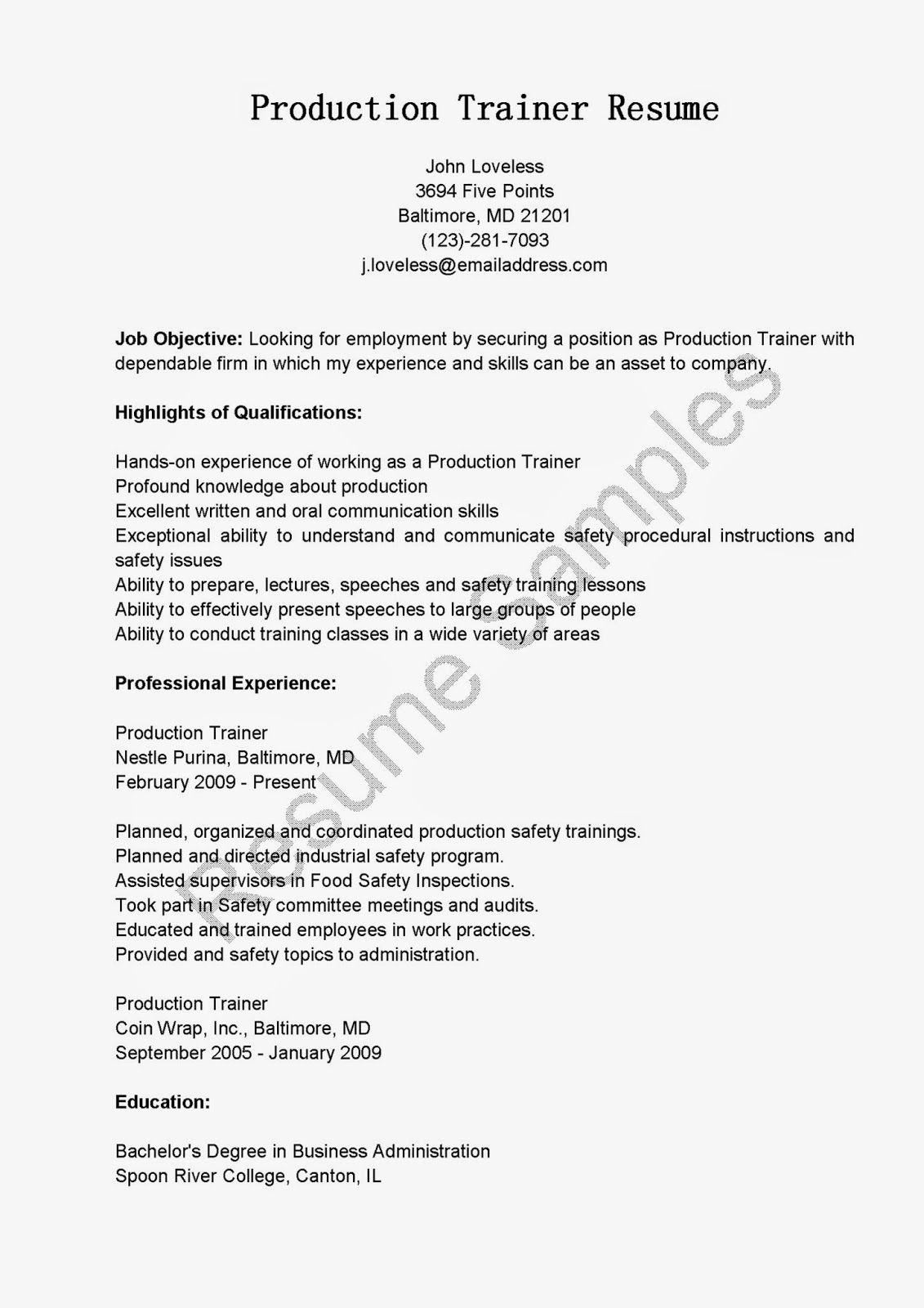 Resume Samples: Production Trainer Resume Sample