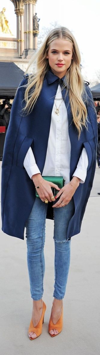 Street style navy cape coat, blouse and denim | Luvtolook | Virtual Styling
