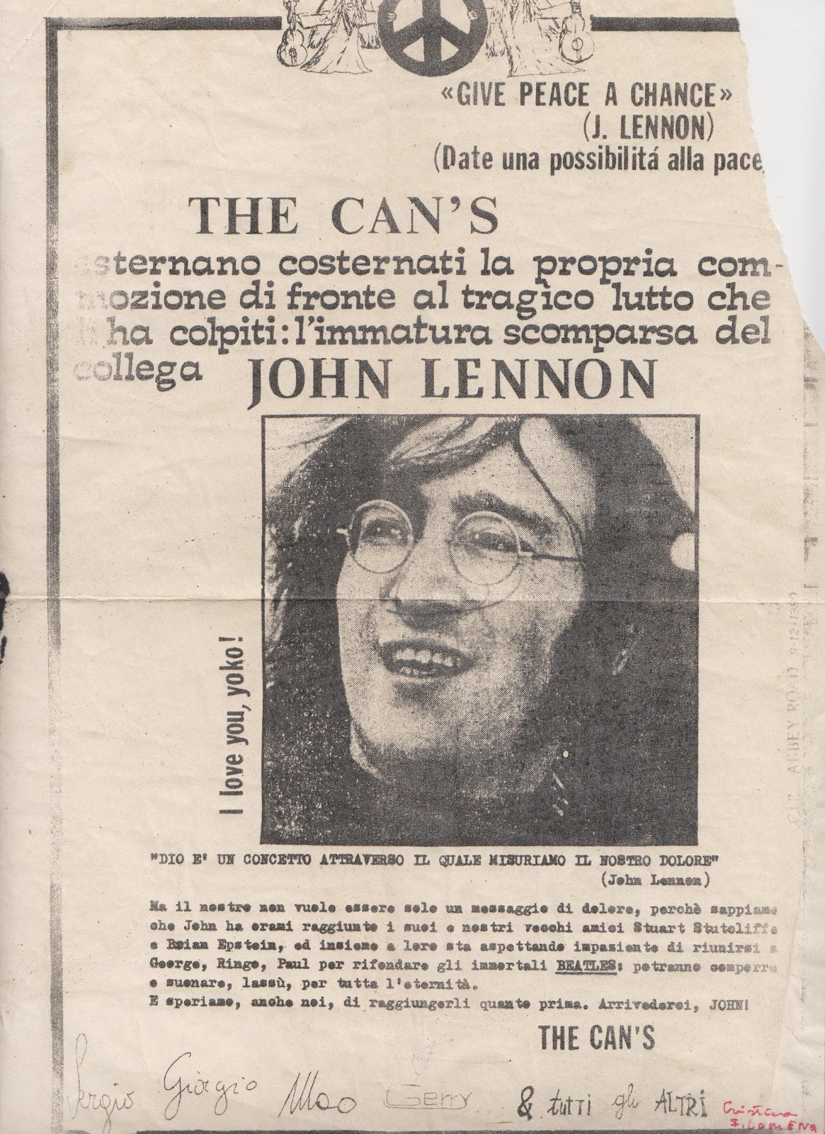 BEATLEPAPERS: JOHN LENNON OBITUARY BEATLEPAPERS: JOHN LENNON OBITUARY