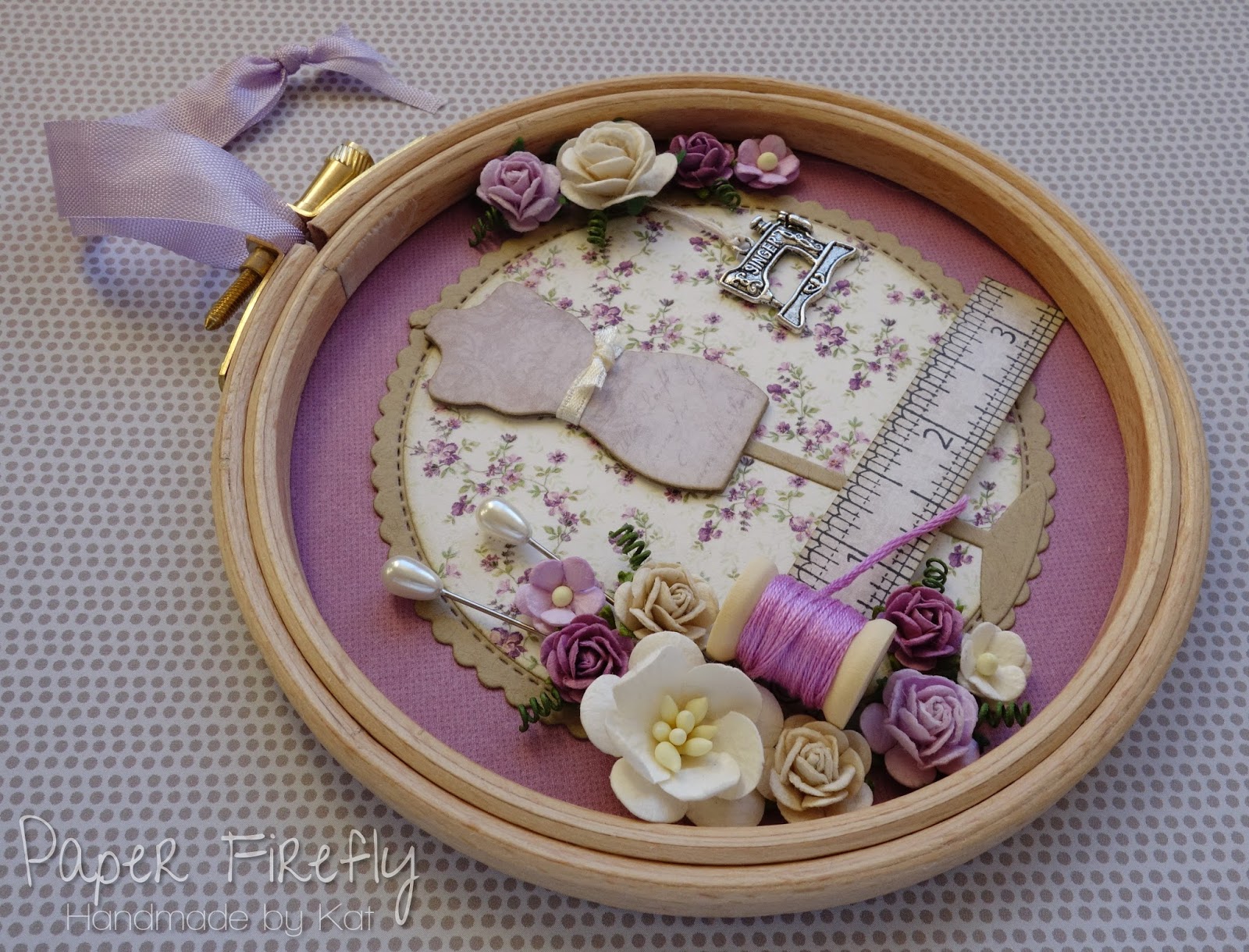 Paper Firefly: Sewing themed embroidery hoop in lilac