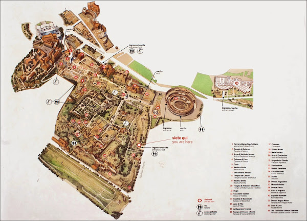 Plan touristique du Mont Palatin , du Forum Romain et du Colisée à Rome