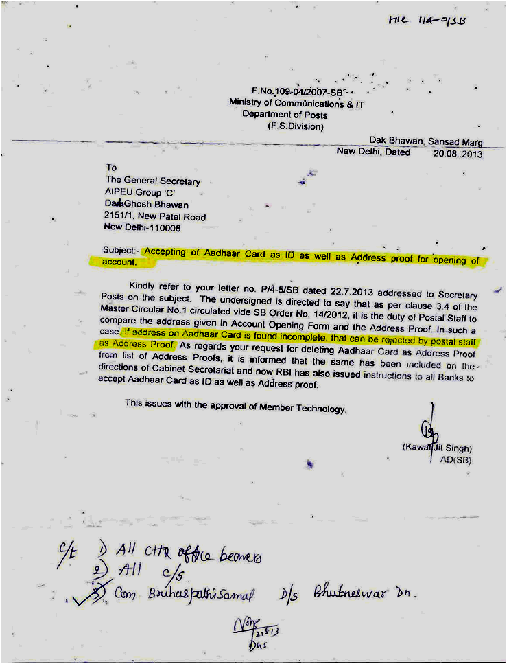 AIPEU KORAPUT DIVISIONAL BRANCH: Aadhar as address proof ...