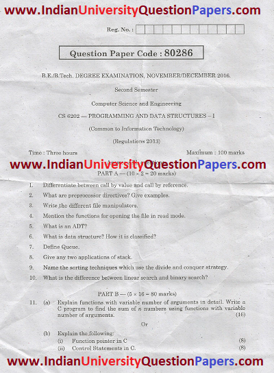 CS6202 Programming and Data Structures-I Nov Dec 2016 Question Paper - University Question Papers