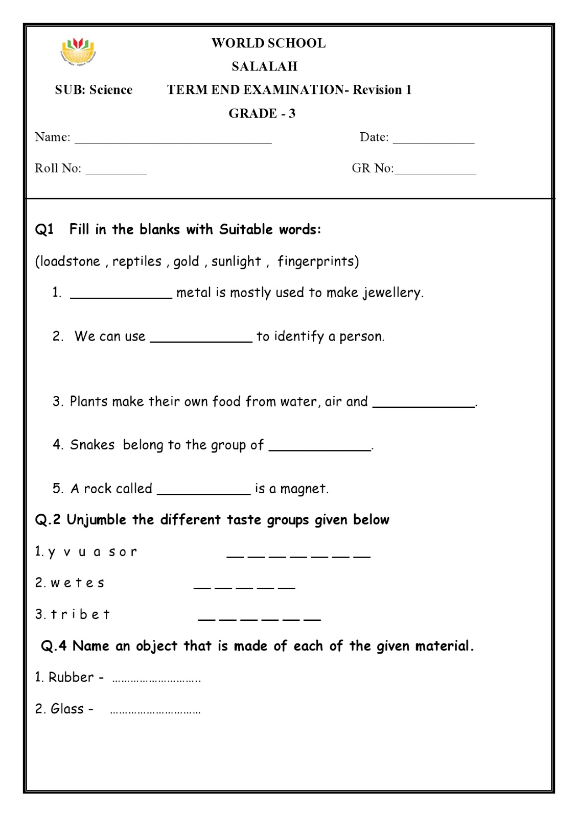 Birla World School Oman: Homework for Grade 3 as on 27-12-2018