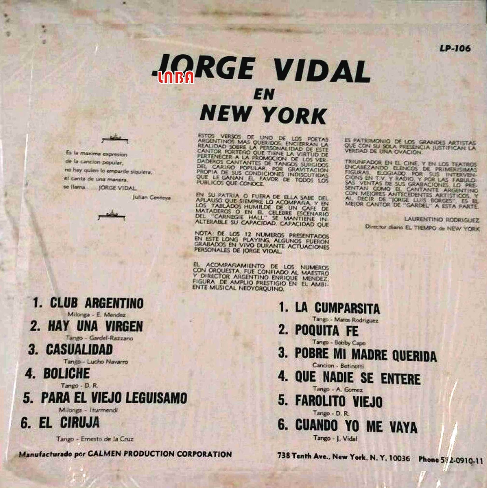 La nova Botica del Aleman.: Tango - Jorge Vidal - En Nueva York