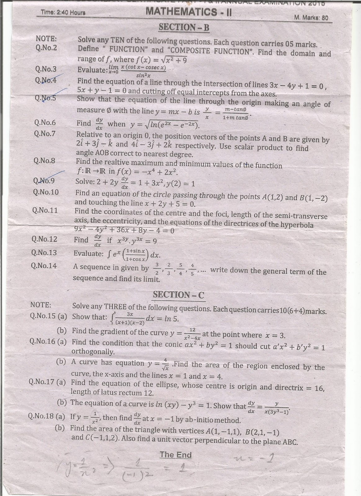 2nd Year Math 2015 - BISEH PAST PAPERS