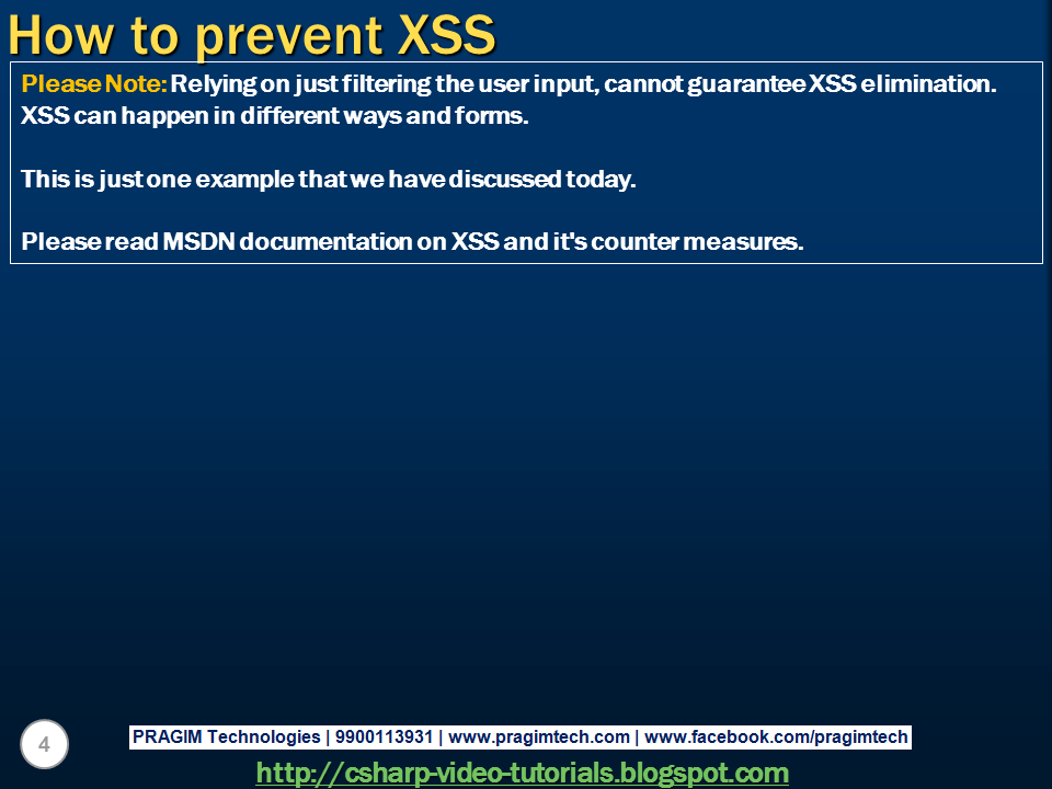 Sql server, .net and c# video tutorial: Part 56 - How to prevent XSS Sql server, .net and c# video tutorial: Part 56 - How to prevent XSS