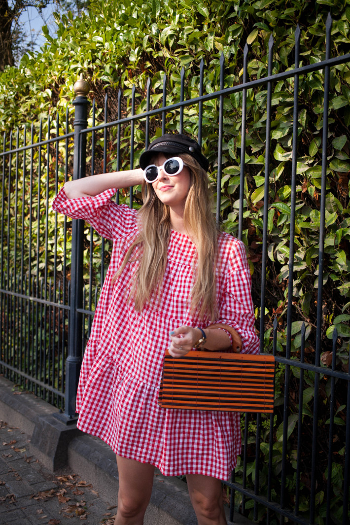 Outfit: gingham babydoll, fiddler cap and bamboo bag - THE STYLING ...