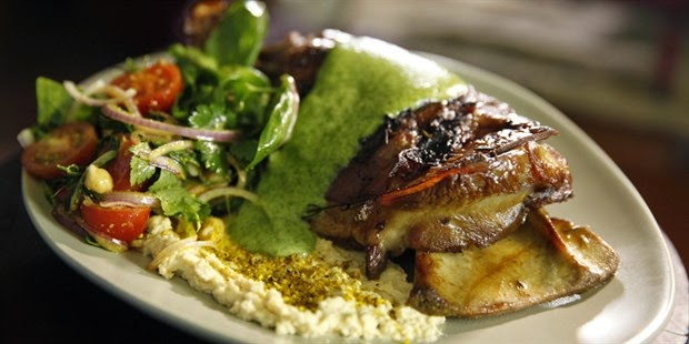 Slow Cooked Goat Shoulder with Hummus, Mint Salsa and Salad of ...