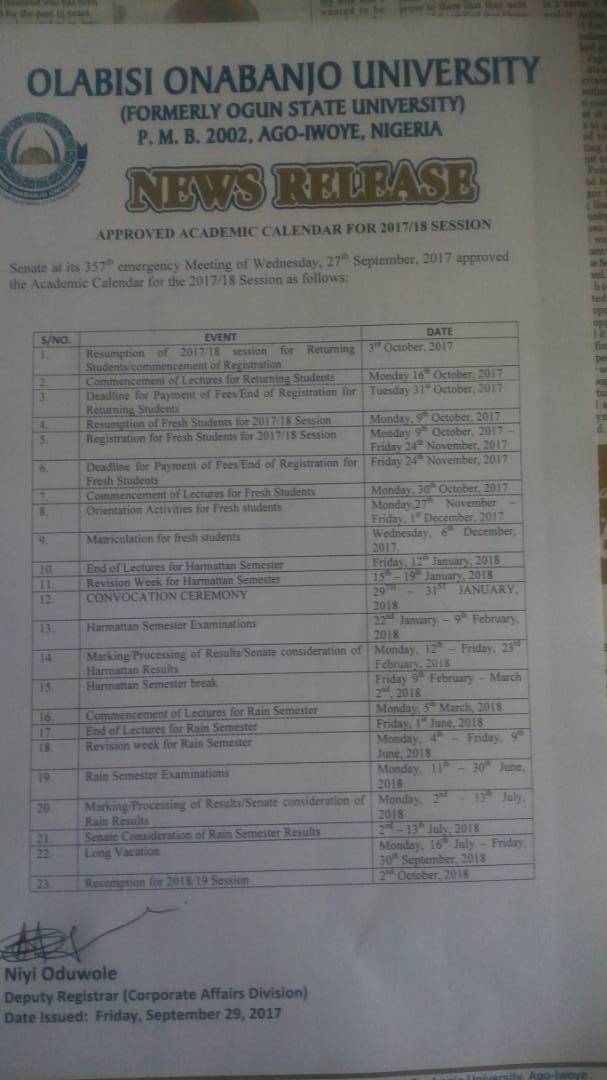 OOU OFFICIALLY RELEASE NEW ACADEMIC CALENDAR - OFFICIAL BLOG OF ...