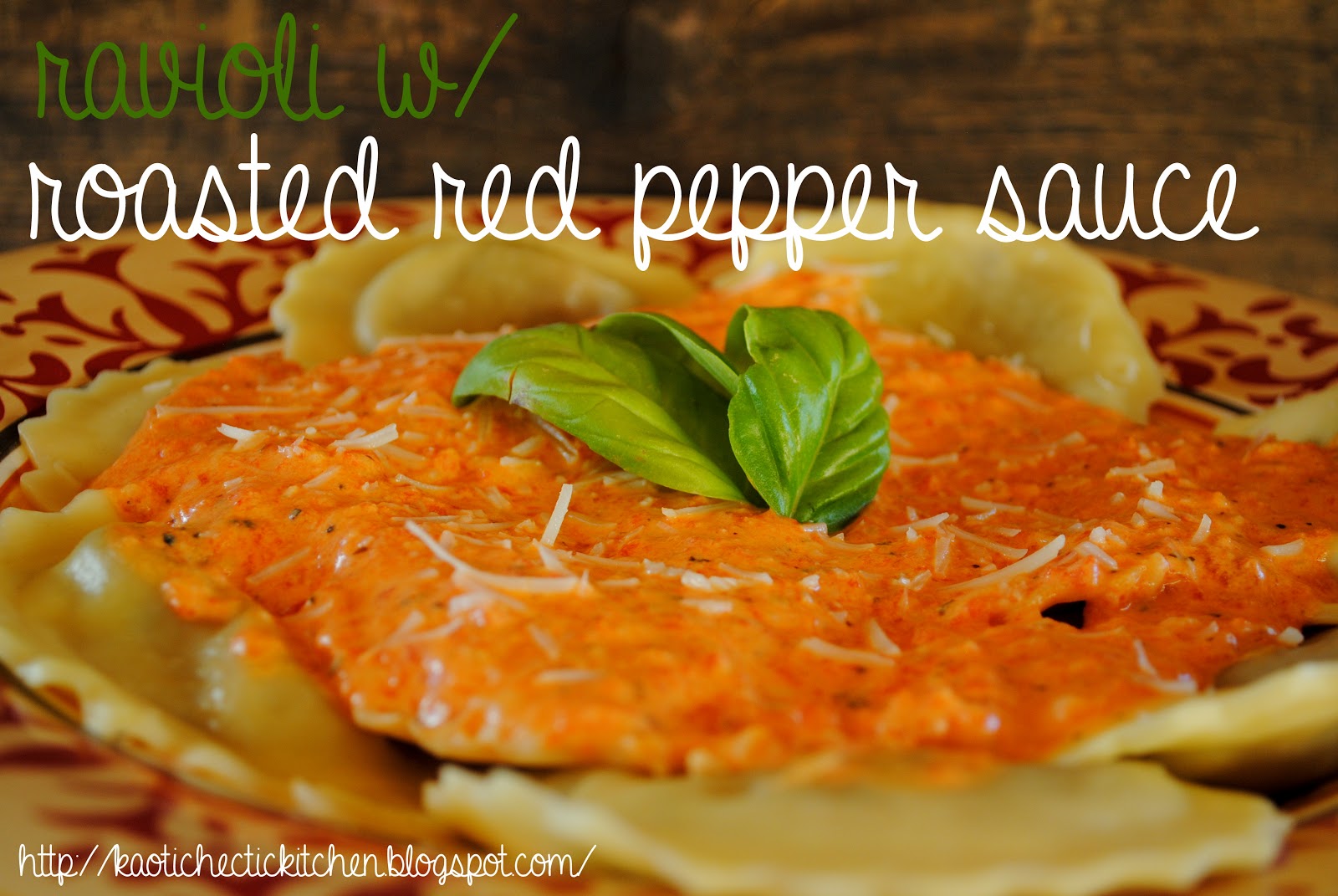 mushroom ravioli with a roasted red pepper sauce