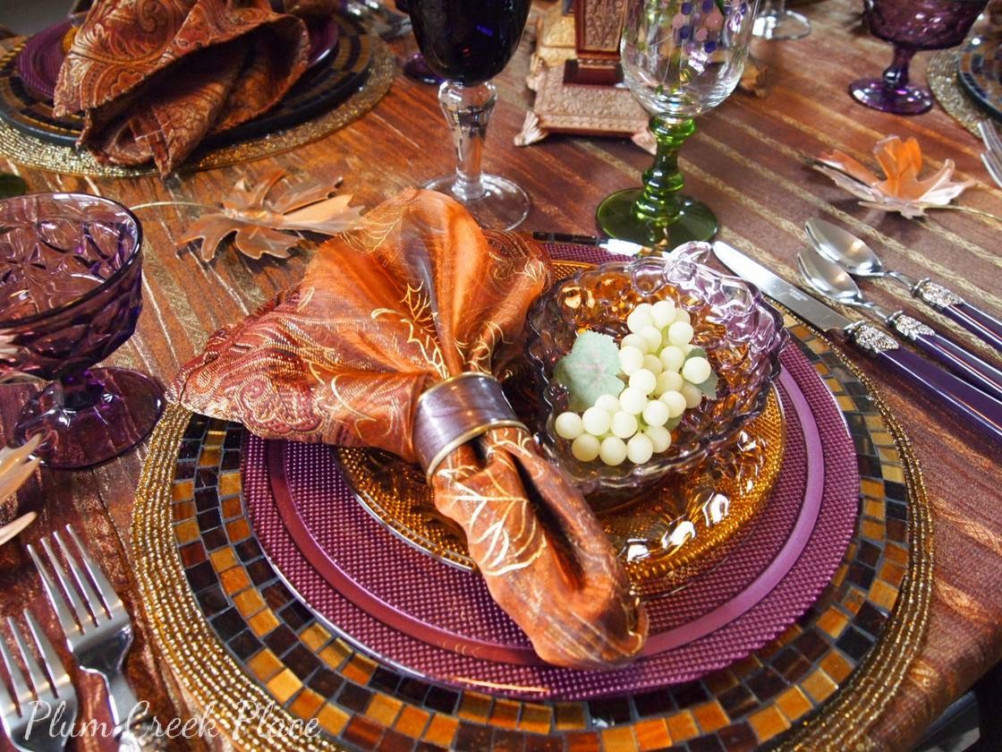 Plum Creek Place: A Deep Purple And Golden Copper Hued Fall Tablescape.