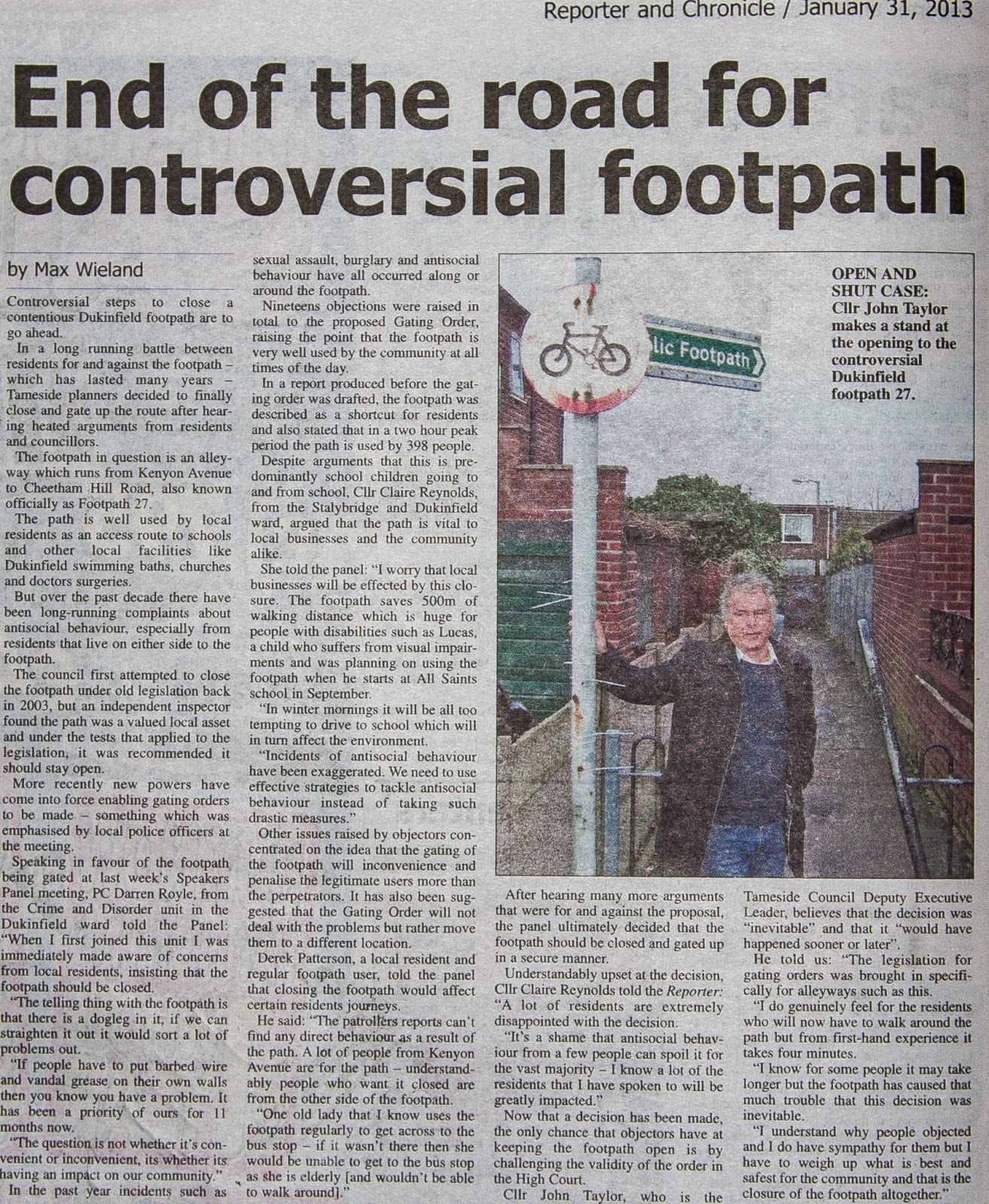 Tameside Citizen: Local newspaper reports on the closure of Footpath 27