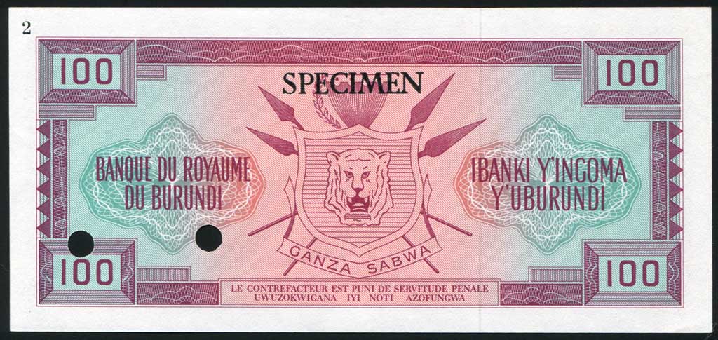 Burundi paper money 100 Francs banknote of 1964 Prince Louis Rwagasore ...