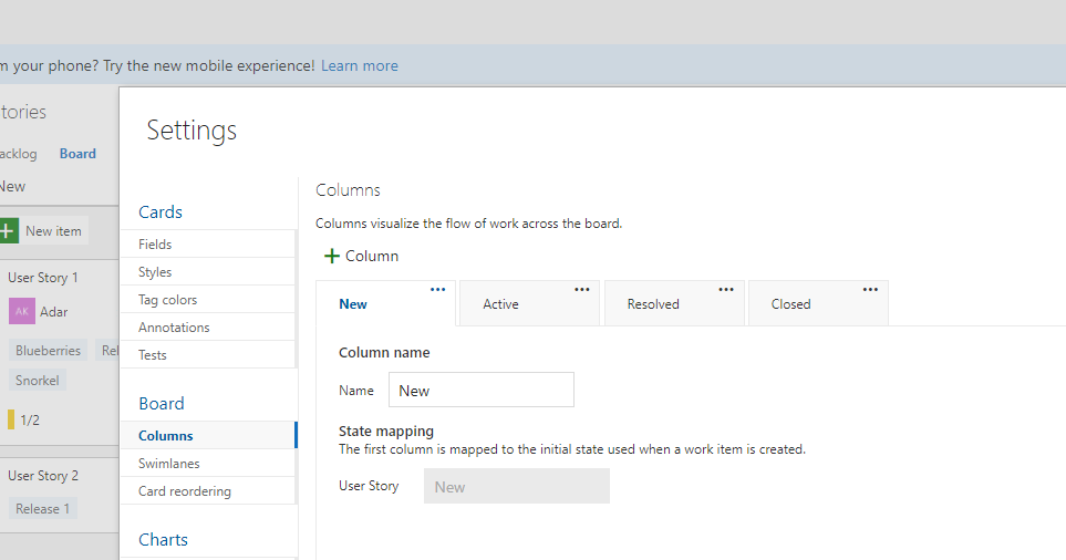 Changing Columns on a VSTS Sprint Board