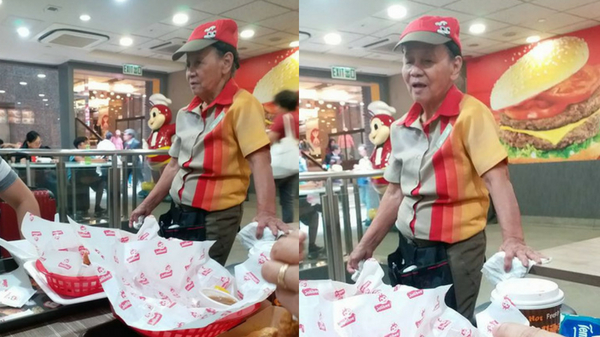 LOOK: Hardworking “Lola” works as fast food crew in Jollibee