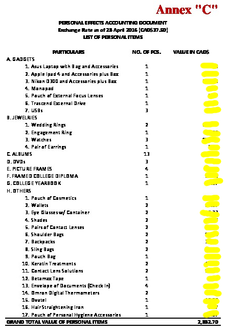 Our Canada Dream Diary: Personal Effects Accounting Document