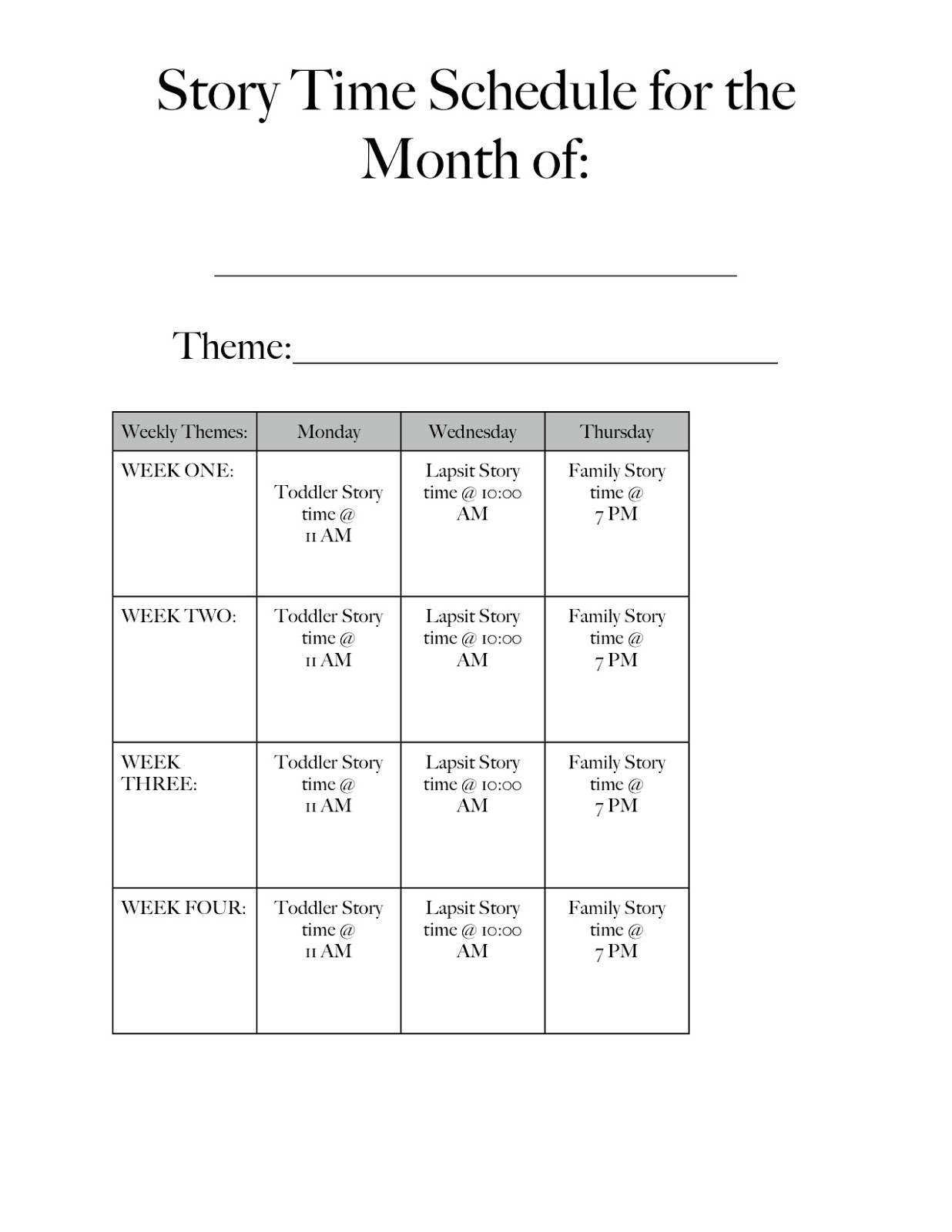 Ms. Booky's 2013 Library Programming: Storytime Schedule and Theme Template