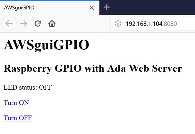 Ada Web Server - LED on/off control on Raspberry Pi