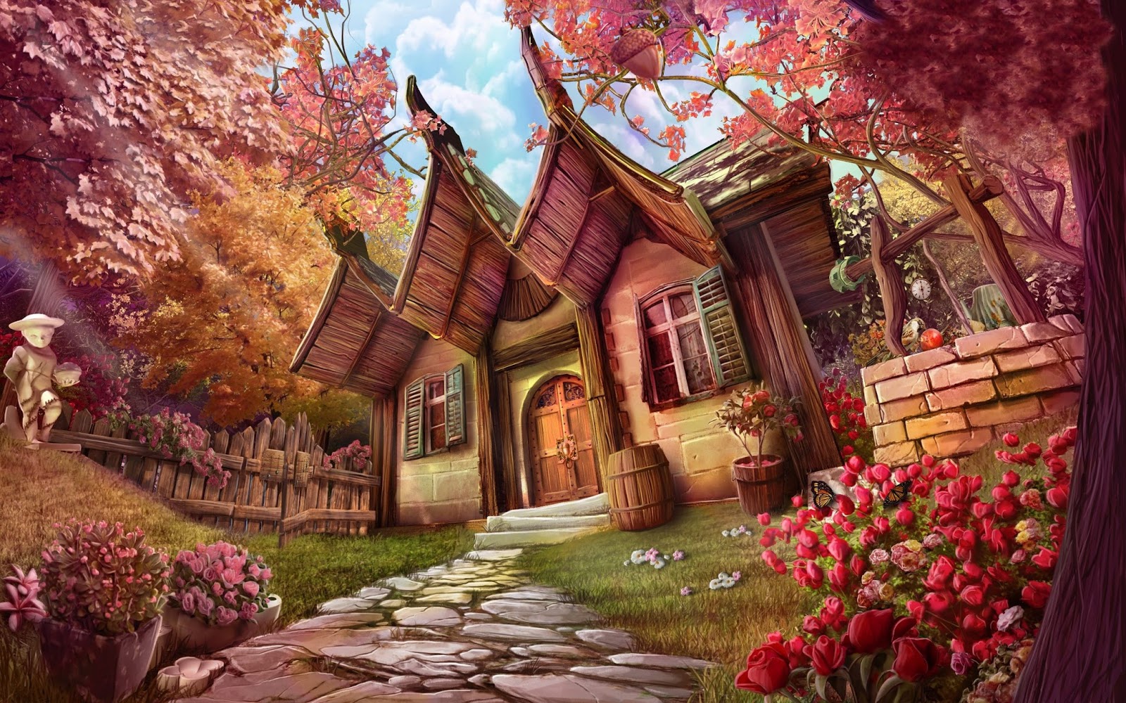 Artistic Fantasy House Tree Path Flower | Wallpaper HD Insider