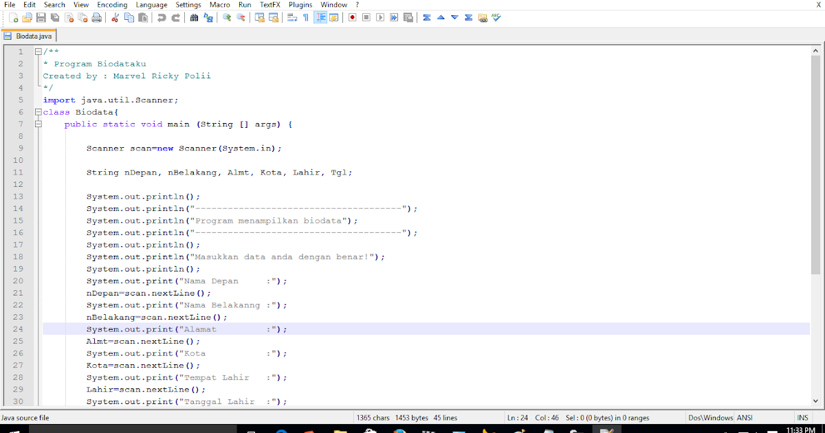 Program Java Untuk Menampilkan Biodata Diri - Materi Soal