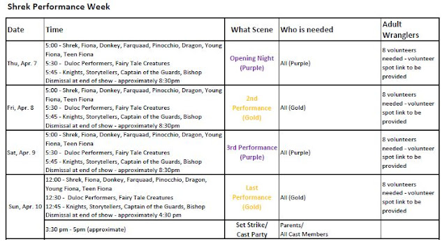 Shrek The Musical: Dress Rehearsal/Performance Schedule