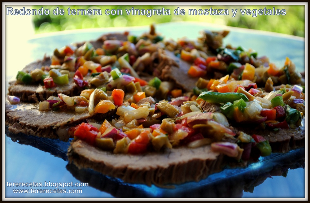 Redondo de ternera con vinagreta de mostaza y vegetales