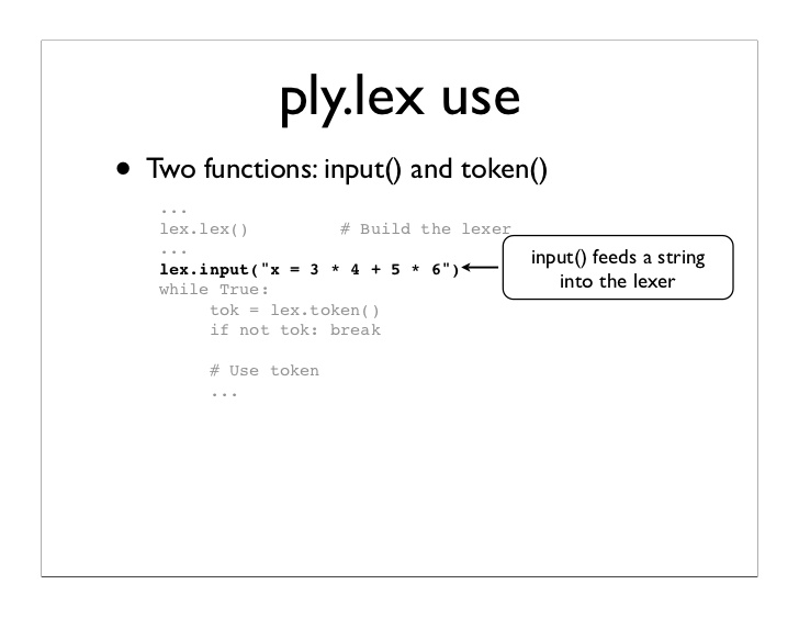 Python PLY Programming: 3.4 Building and using the Lexer