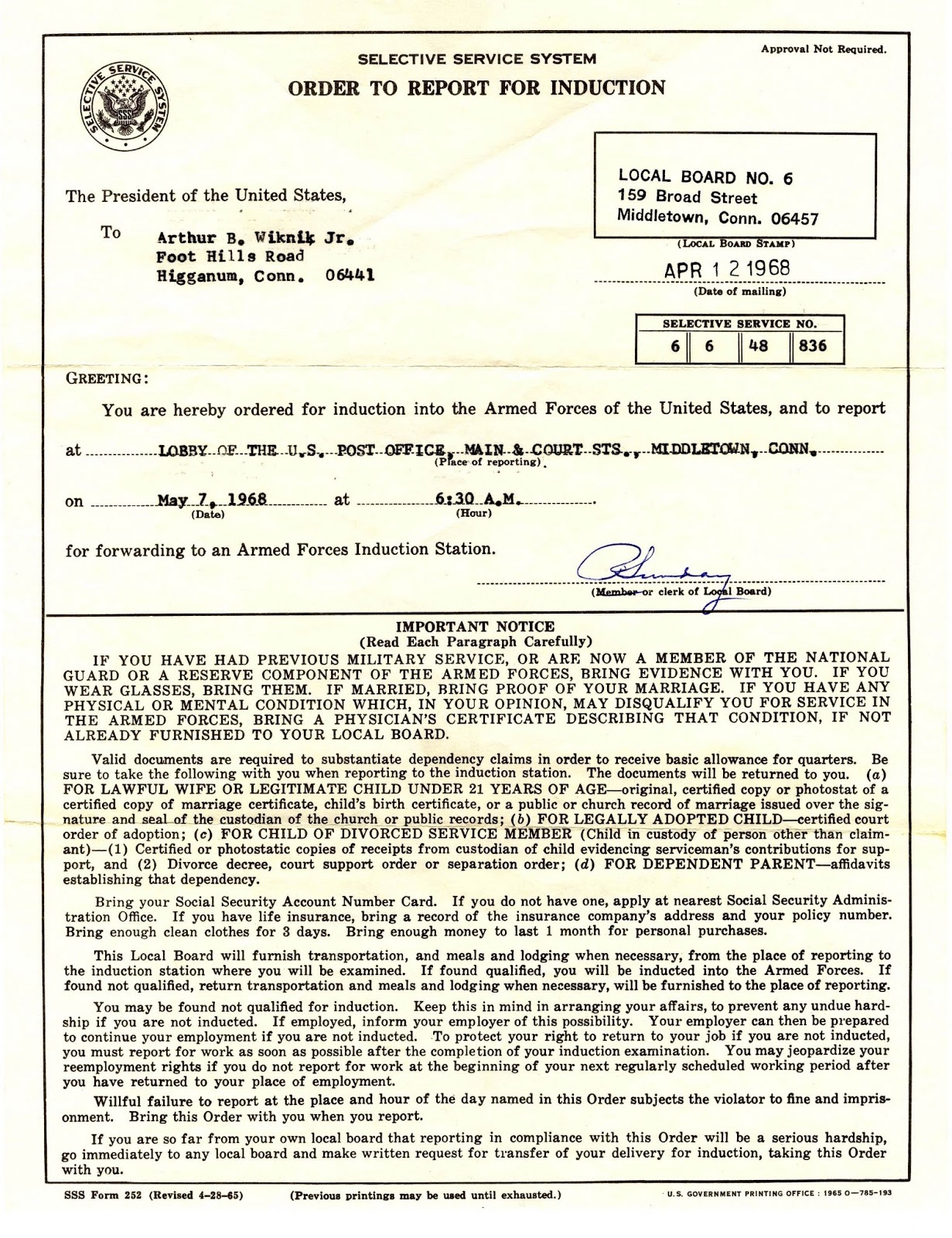 Draft Card From 1968