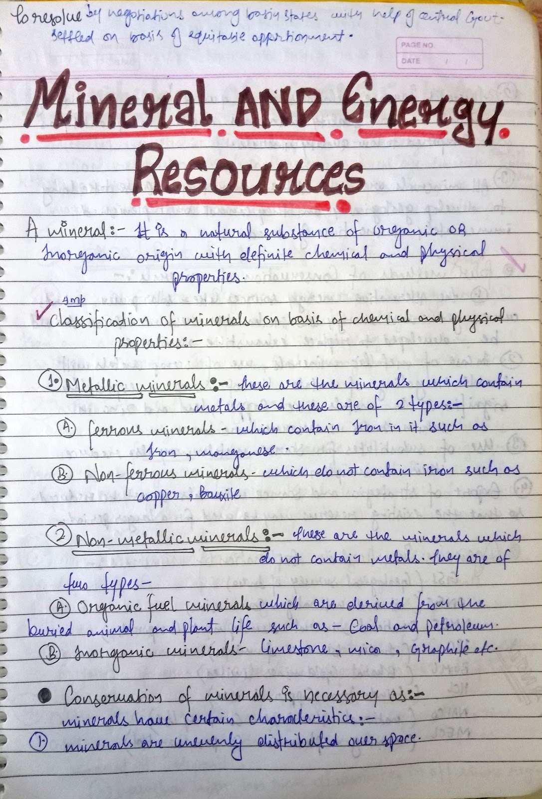 Handwritten notes of Mineral and Energy Resources- [geography] Class ...