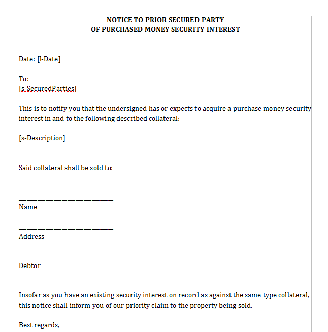 Notice to Prior Secured Party of Purchase Money Security Interest ...