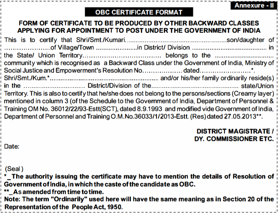 obc non creamy layer certificate format