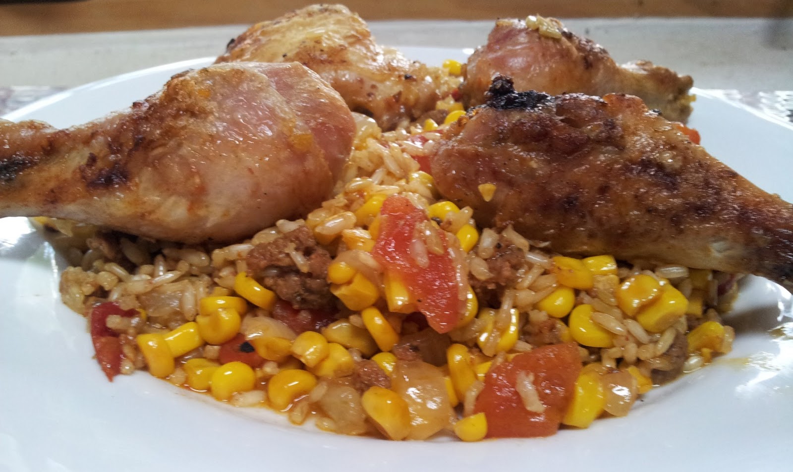 red or green?: oven roasted chicken, chorizo & rice with corn