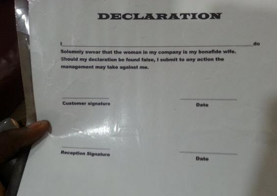Photo: Written customer declaration seen in a hotel in Kebbi State