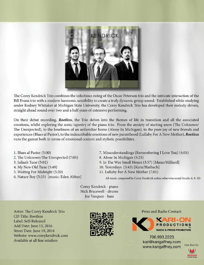 Republic of Jazz: Corey Kendrick Trio - Rootless (2016) KARI-ON PRODUCTIONS