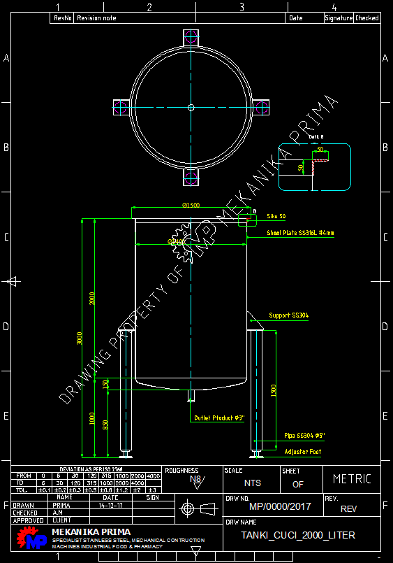 GAMBAR TEKNIK PHARMA: GAMBAR TEKNIK TANKI WASHING KAPASITAS 2000 LITER