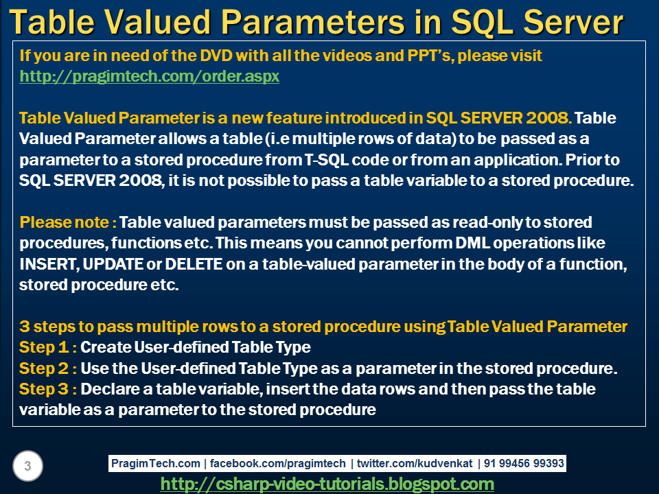 Sql Server Net And C Video Tutorial Table Valued Parameters In Sql Server 9263