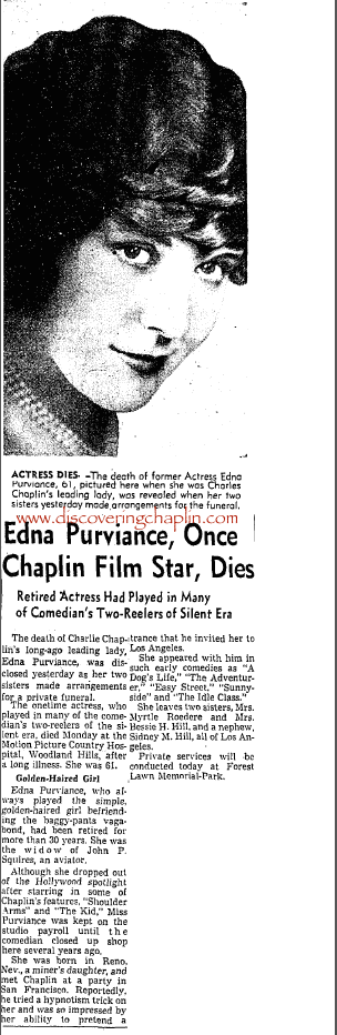 Los Angeles Times obituary for Edna Purviance ~ Discovering Chaplin