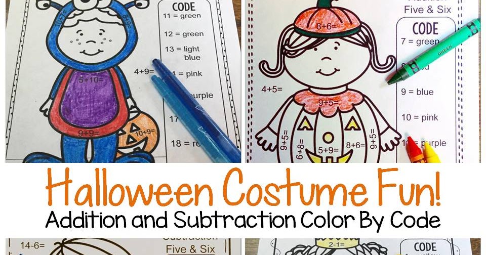 Color By Numbers Halloween Costumed Kids Addition and Subtraction ...