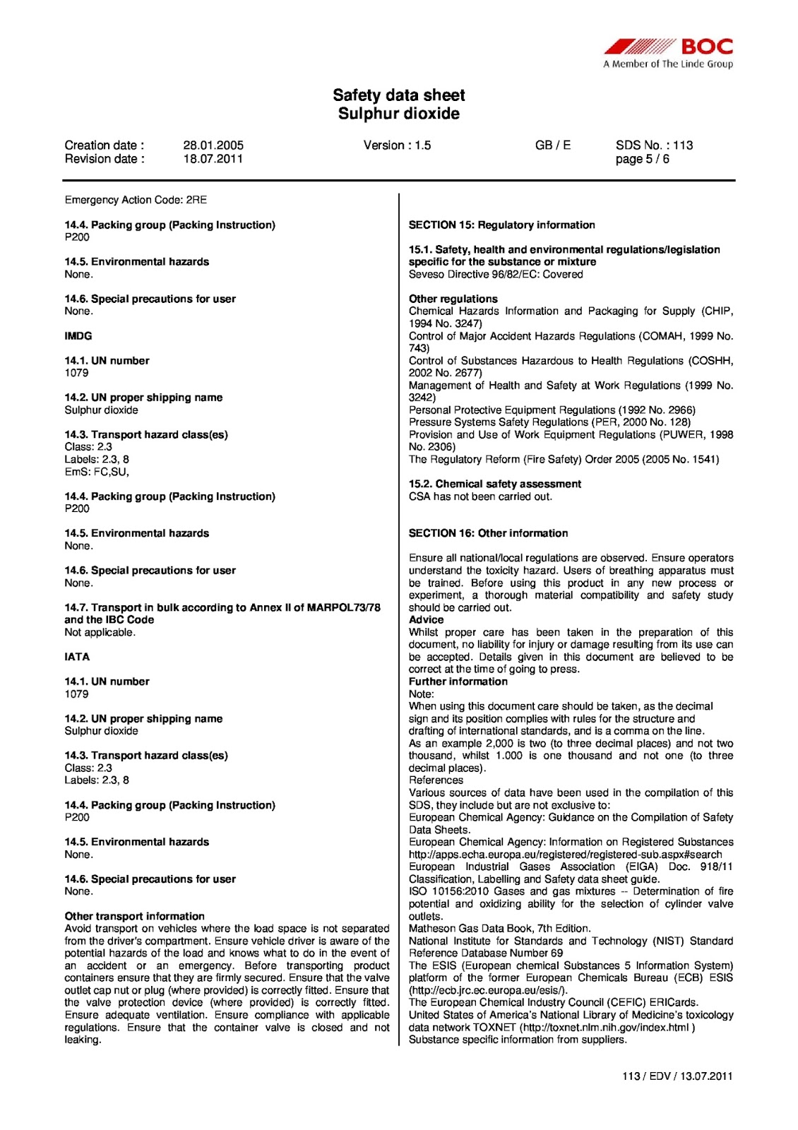 MSDS Sulphur Dioxide (SO2)