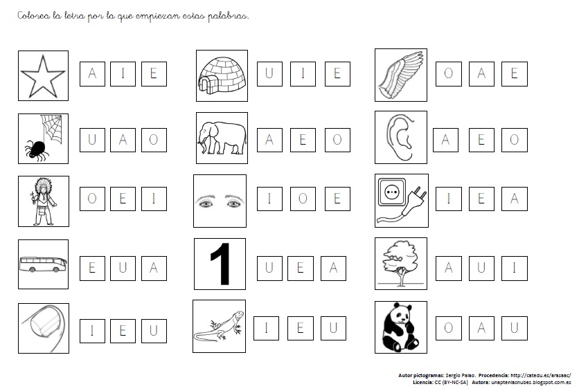 UNA PT EN LAS NUBES: Fichas conciencia fonológica. Letra inicial.