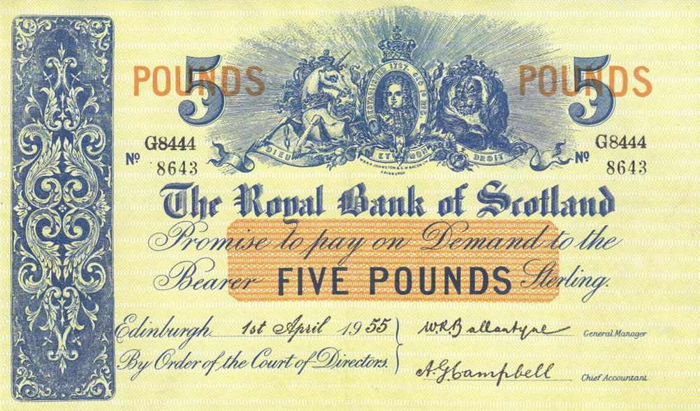 The Royal Bank of Scotland 5 Pounds Note of 1955|World Banknotes ...