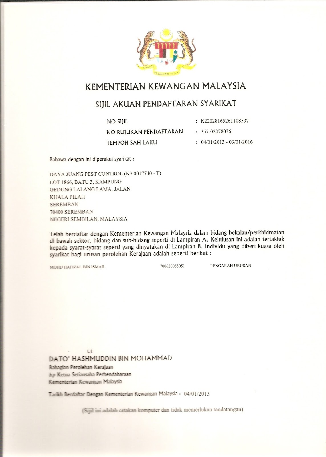 DAYA JUANG PEST CONTROL: SIJIL PENDAFTARAN DAN KEWANGAN